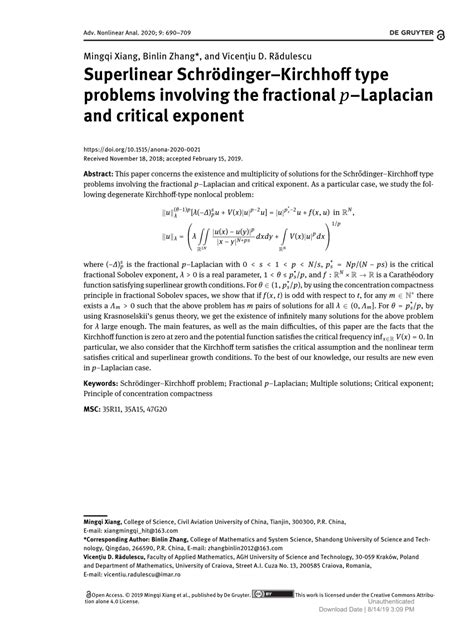 Pdf Superlinear Schrödingerkirchhoff Type Problems Involving The Fractional Plaplacian And
