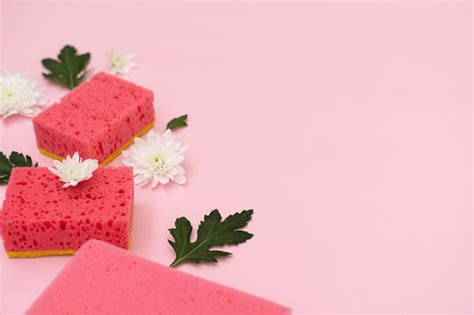 일부 폴리우레탄 스폰지 흰 꽃과 녹색 잎 파스텔 핑크 배경 텍스트에 대 한 빈 공간에 고립 된 누워 0명에 대한 스톡 사진 및