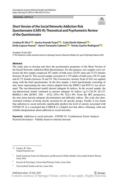 Short Version Of The Social Networks Addiction Risk Questionnaire Cars