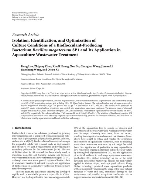 Pdf Isolation Identification And Optimization Of Culture Conditions Of A Bioflocculant