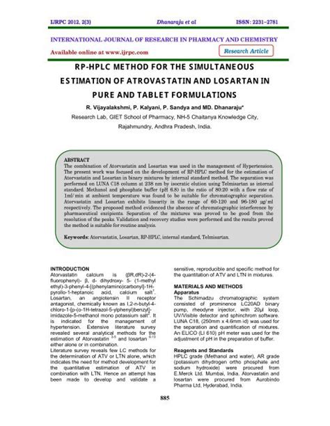Rp Hplc Method For The Simultaneous Estimation Of Atrovastatin Ijrpc