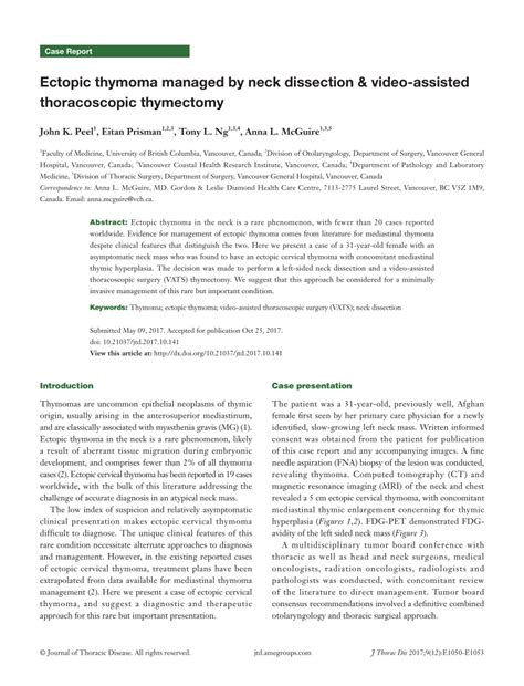 Pdf Ectopic Thymoma Managed By Neck Dissection And Video Assisted Thoracoscopic Thymectomy
