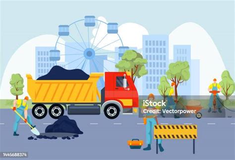 도시 도로 수리 작업 개념 근면 빌더 생성자 남성 캐릭터 수정 도시 고속도로 유지 보수 평면 벡터 그림 개념에 대한 스톡 벡터 아트 및 기타 이미지 Istock