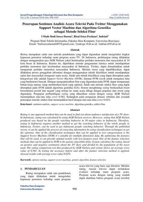 Pdf Penerapan Sentimen Analisis Acara Televisi Pada Twitter Menggunakan Support Vector Machine