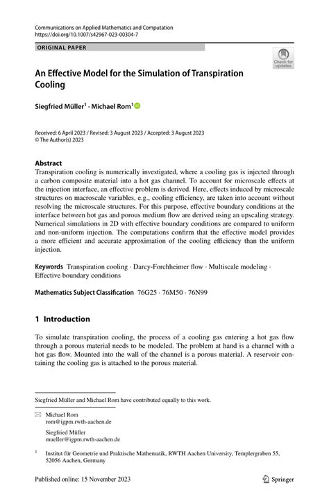 Pdf An Effective Model For The Simulation Of Transpiration Cooling