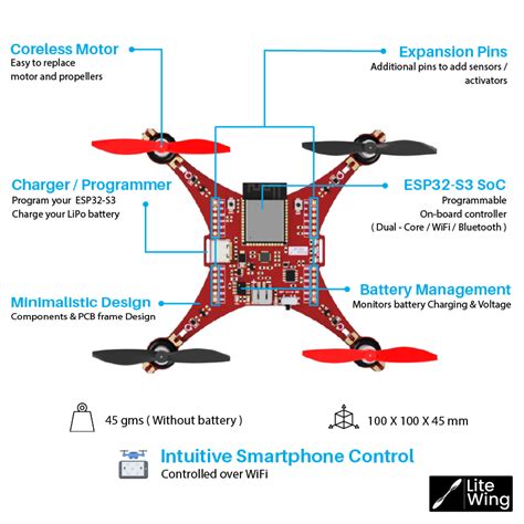 litewing esp32 based programmable drone development board with batte