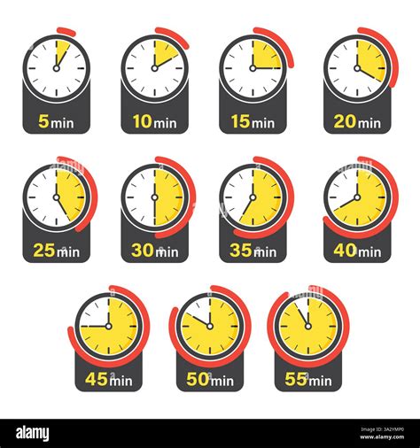 From 5 Minutes To 55 Minutes On Stopwatch Icon Set Collection In Flat Style Clock Face Timer
