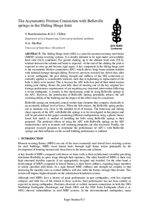 The Asymmetric Friction Connection With Belleville Springs In The Sliding Hinge Joint