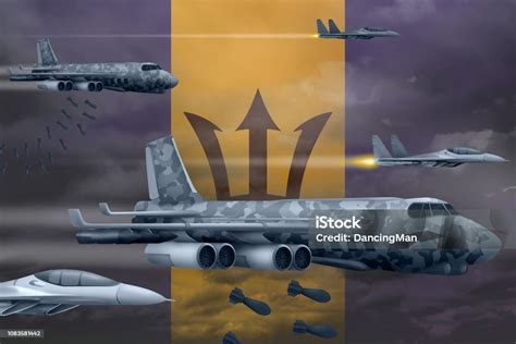 바베이도스 공군 폭격 공격 개념 바베이도스 육군 항공 비행기 국기 배경에 폭탄 드롭 3 차원 일러스트 레이 션 공군에 대한 스톡