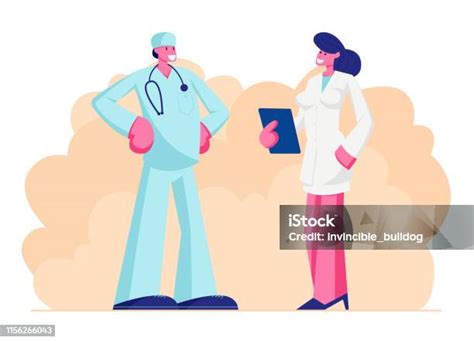 청진기와 의료 가운에 남성 의사 손에 노트북을 들고 간호사와 말하기 클리닉 직장에서 병원 의료 직원 의학 직업 직업 만화 플랫 벡터 일러스트 간호사에 대한 스톡 벡터 아트
