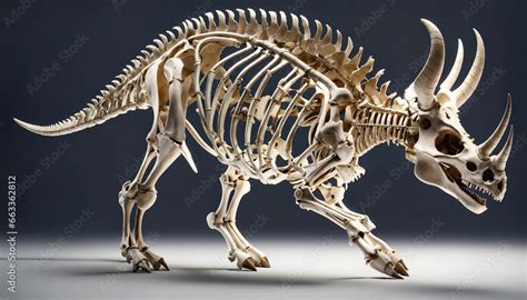 Fossil Skeleton Of Dinosaur Three Horns Triceratops Ready To Fight Isolated On White Background