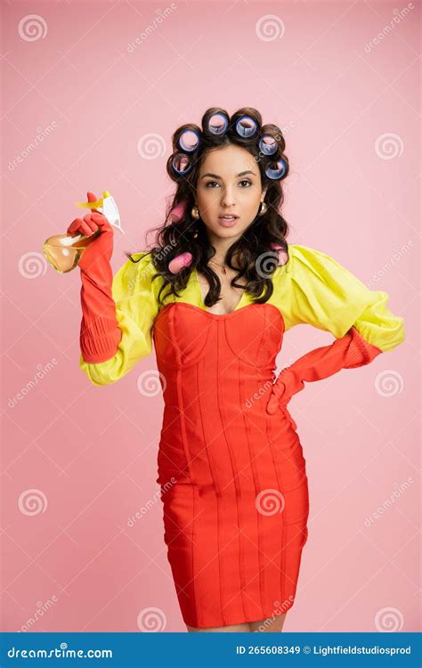 Housewife In Hair Curlers And Red Stock Image Image Of Water Beauty 265608349