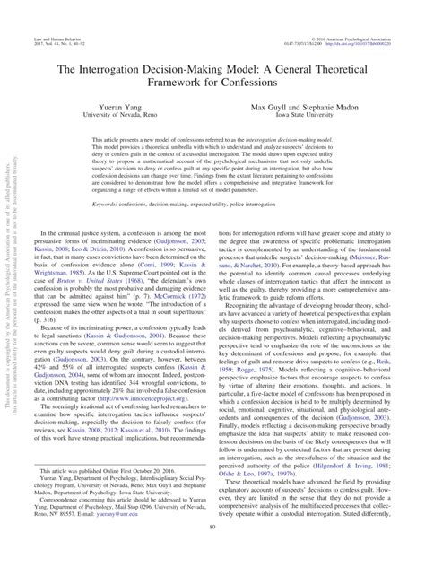 Pdf The Interrogation Decision Making Model A General Theoretical Framework For Confessions