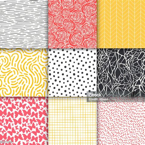 추상 손으로 그린 기하학적 간단한 최소한의 완벽 한 패턴 설정 합니다 폴카 도트 줄무늬 파도 랜덤 기호 텍스처입니다 벡터