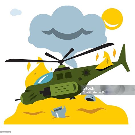 벡터 전투 헬리콥터 충돌 플랫 스타일 다채로운 만화 일러스트 Helicopter Crash에 대한 스톡 벡터 아트 및 기타