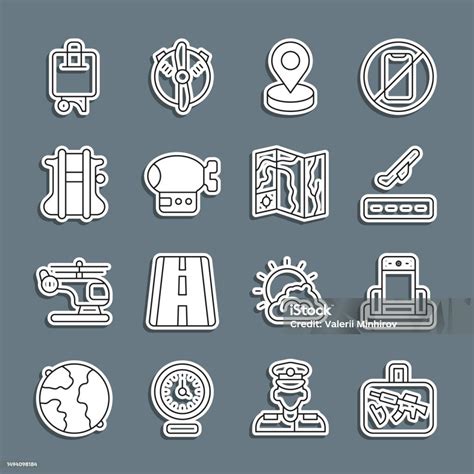 라인 여행 가방 공항의 금속 탐지기 비행기 이륙 위치 비행선 낙하산 및 세계 여행지도 아이콘을 설정합니다 벡터 가방에 대한 스톡 벡터 아트 및 기타 이미지 Istock