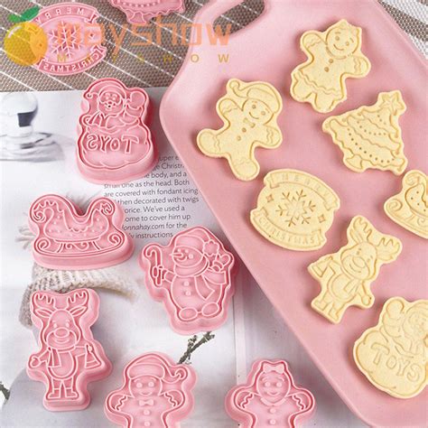 Mayshow 8 ชิ้น เซต แม่พิมพ์บิสกิต คริสต์มาส ขนม ตกแต่ง ลูกสูบ ซานตาคลอส ต้นคริสต์มาส แม่พิมพ์
