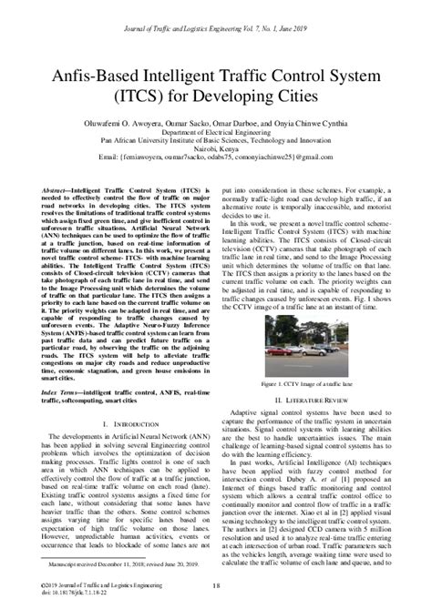 pdf anfis based intelligent traffic control system itcs for developing cities oluwafemi