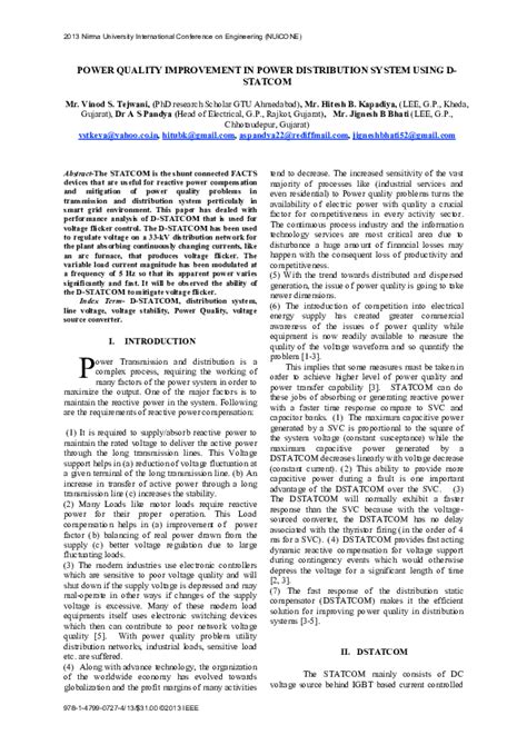 Pdf Power Quality Improvement In Power Distribution System Using D Statcom