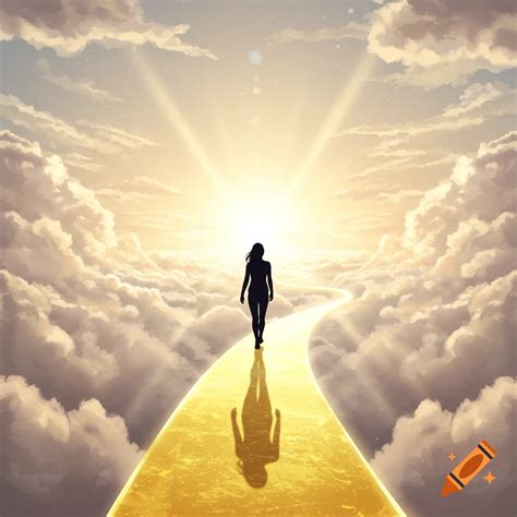 A Silhouetted Woman Walks On A Golden Path Through Clouds Towards A