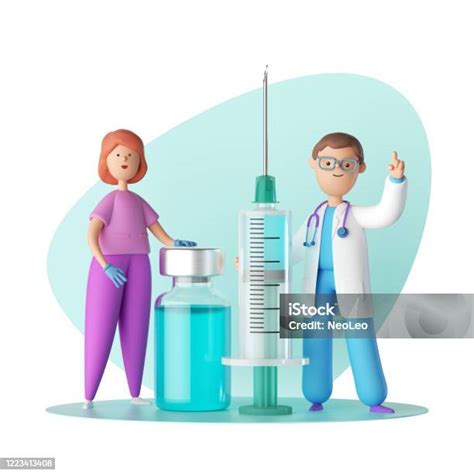 3d 렌더링 만화 캐릭터 의사와 간호사는 큰 주사기 근처 파란색 액체와 유리 병 근처에 서있다 바이러스에 대한 백신 흰색 배경에 격리 된 클립 아트 예방 접종 의료 개념