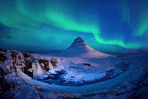 Northern Lights At Mount Kirkjufell Iceland February Postere