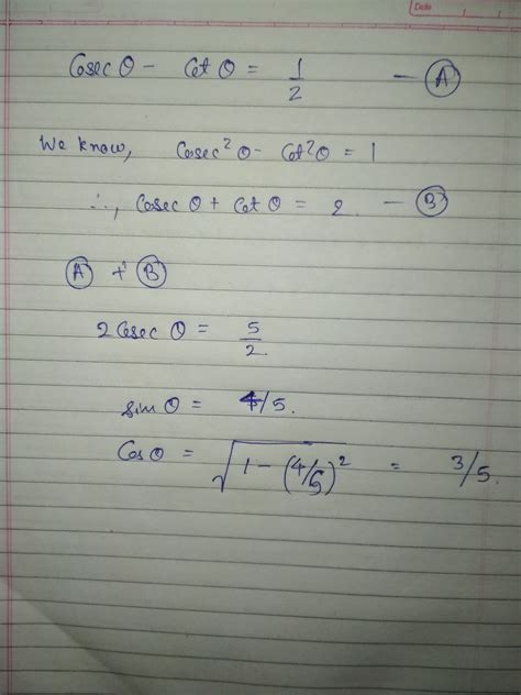 Cosec Theta Cot Theta 1 2 Find Cos Theta If 0 Askiitians