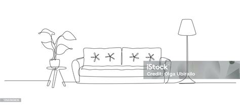 식물과 소파와 램프와 테이블의 연속 한 줄 그리기 심플한 리니어 스타일의 현대적인 스칸디나비아 가구 낙서 벡터 일러스트레이션 실내용 화초에 대한 스톡 벡터 아트 및 기타