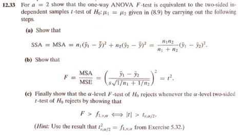 Solved 1233 For A 2 Show That The One Way Anova F Test Is