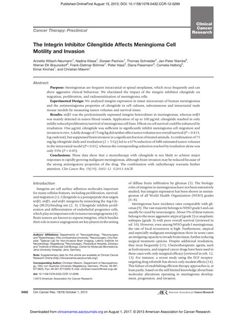 Pdf The Integrin Inhibitor Cilengitide Affects Meningioma Cell Motility And Invasion