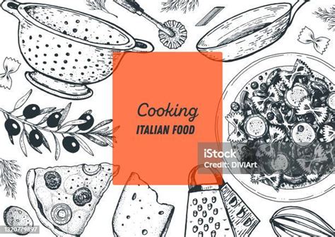 이탈리아 요리 손으로 그린 일러스트 이탈리아 음식 요리 프레임 벡터 그림 스케치 파스타와 피자를 요리 개체 그룹에 대한 스톡 벡터 아트 및 기타 이미지 Istock