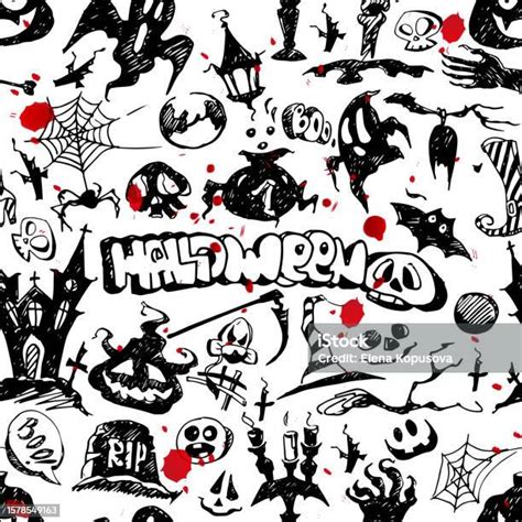 만화 스타일의 할로윈 개념입니다 핏방울이 있는 흰색 배경에 소름 끼치는 자유형 선 그림 응용 프로그램 인쇄 응용 프로그램을 위한 창의적인 축제 원활한 배경 할로윈에 대한