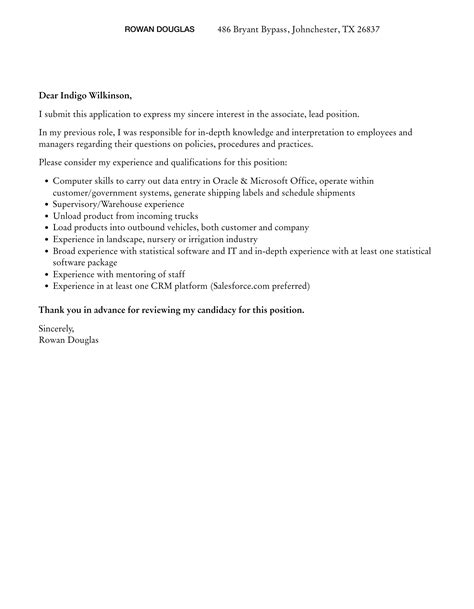 Associate Lead Cover Letter Velvet Jobs