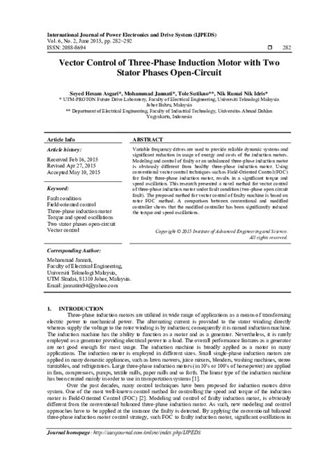 Pdf Vector Control Of Three Phase Induction Motor With Two Stator Phases Open Circuit