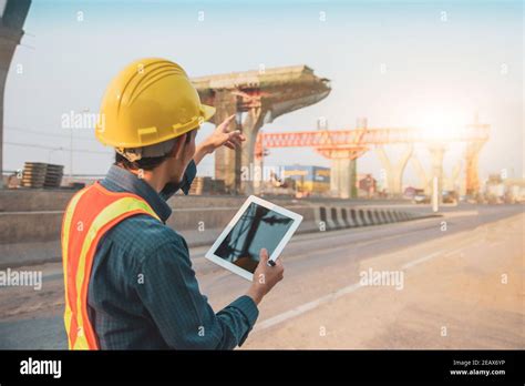 Worker Engineer Architecture Use Tablet Inspection Project Road