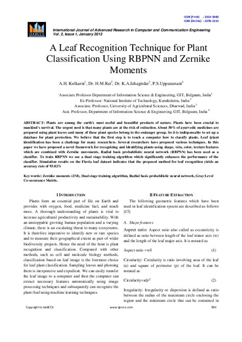 Pdf A Leaf Recognition Technique For Plant Classification Using Rbpnn And Zernike Moments