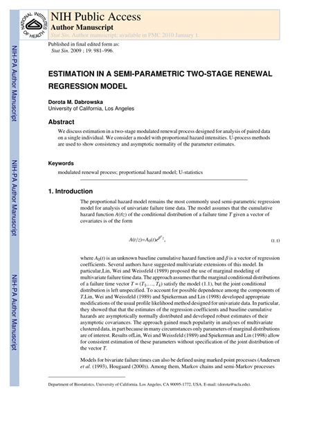 Pdf Estimation In A Semi Parametric Two Stage Renewal Regression Model