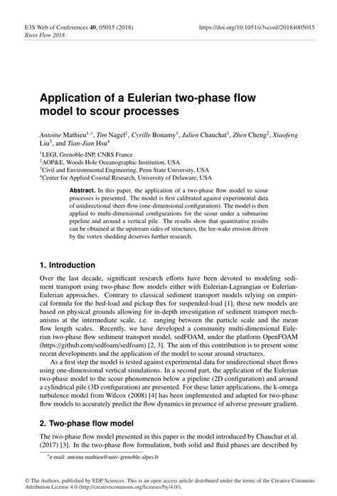 Pdf Application Of A Eulerian Two Phase Flow Model To Scour Processes