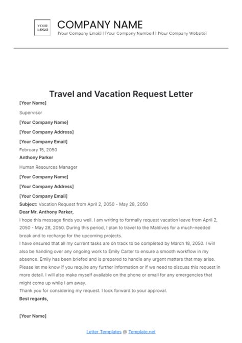 Free Travel And Vacation Request Letter Template To Edit Online