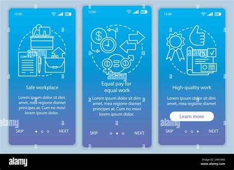 Work Ethics Onboarding Mobile App Page Screen Vector Template Safe Workplace Equal Pay For