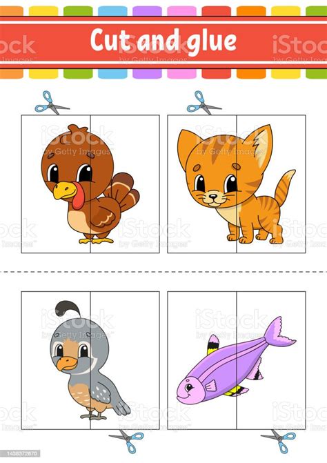 잘라 서 재생할 수 있습니다 접착제와 종이 게임 플래시 카드 교육 워크 시트 활동 페이지입니다 재미있는 캐릭터 격리된 벡터 그림입니다 만화 스타일 0명에 대한 스톡 벡터