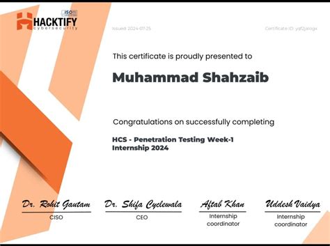 Muhammad Shahzaib On Linkedin Cybersecurity Internship Pentesting Hacktifycybersecurity