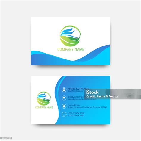 명함 디자인 블루 매끄러운 바다 파라인 곡선 그린 리프 에코 로고 내추럴 벡터 클린 백 좌석표에 대한 스톡 벡터 아트 및 기타 이미지 좌석표 디자인 형판 Istock