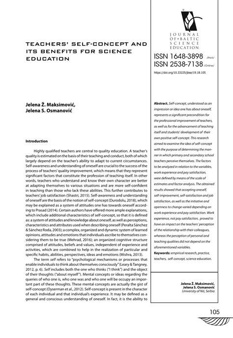 Pdf Teachers Self Concept And Its Benefits For Science Education