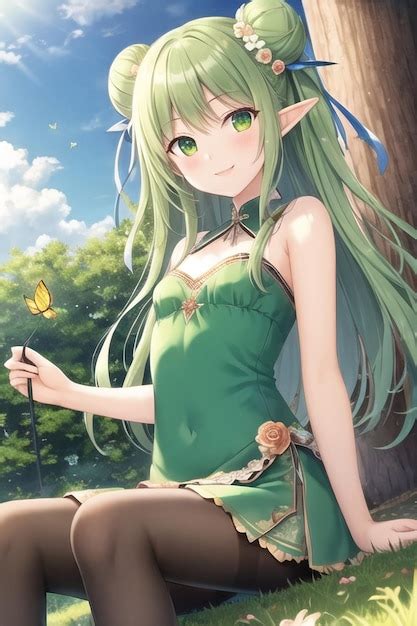 Premium Photo A Girl In A Green Dress Sits On A Tree Trunk And Holds A Stick With The Word