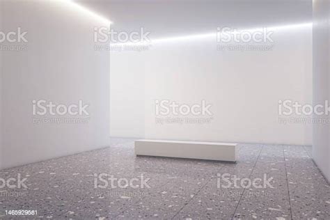 콘크리트 바닥에 돌 벤치가 있는 넓은 추상 갤러리 홀에서 광고 포스터 또는 제품 프레젠테이션을 위한 장소가 있는 빈 밝은 벽 배경의 투시도 3d 렌더링 모형 0명에 대한