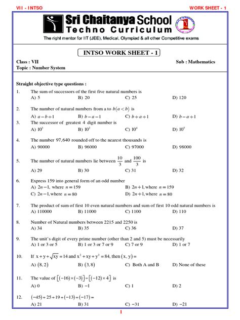 7 Class Intso Work Sheet 1 Number System Pdf Numbers Natural Number