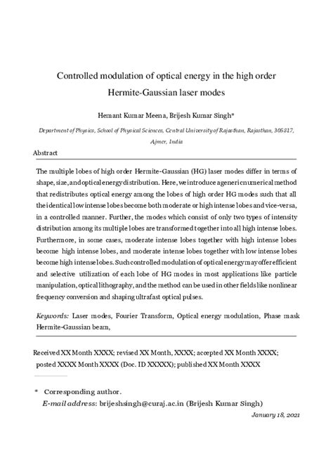 Pdf Controlled Modulation Of Optical Energy In The High Order Hermite