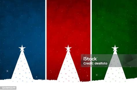 세 개의 수직 부문 빨간색 어두운 미드나잇 네이비 블루와 밝은 어두운 녹색 대조 색상 크리스마스 트리와 세 가지 모두에 별분할 또는 분할 된 멀티 컬러 배경의 수평 벡터