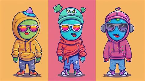 Three Mascot Cartoon Characters Wearing Funky Clothing In Solid Color
